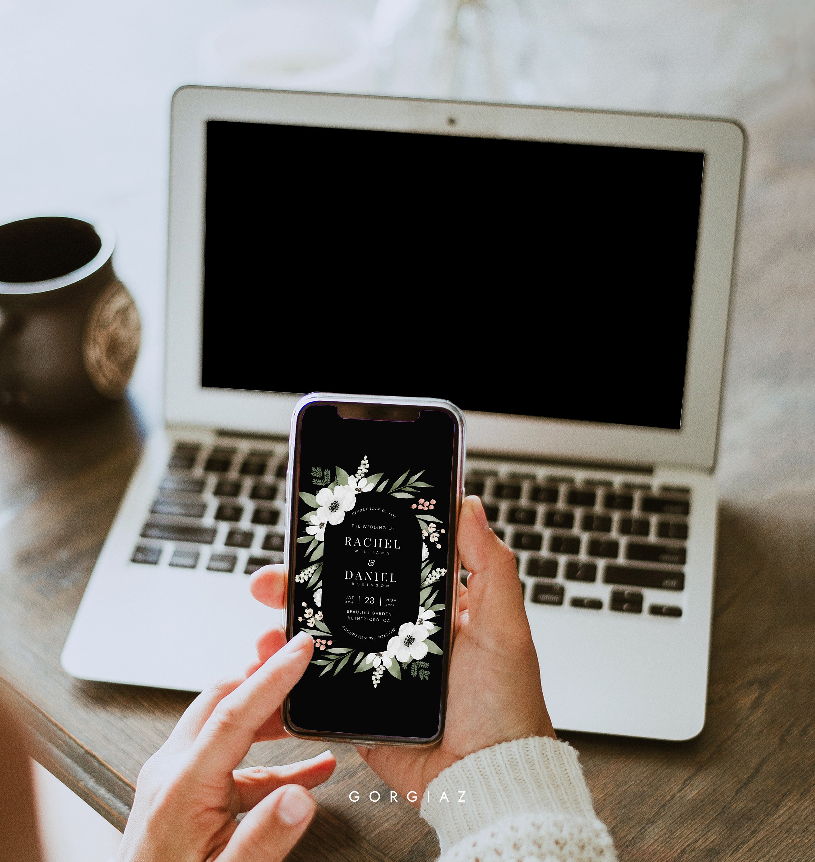 Electronic Wedding Invitation Template, Romantic Black Botanical ...