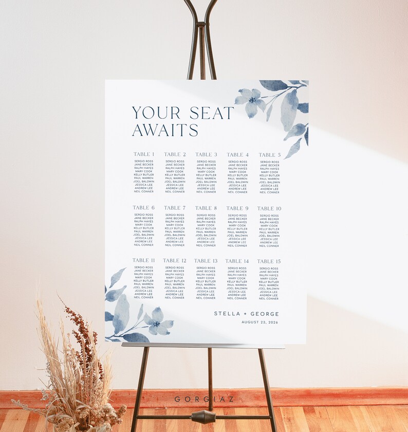 Dusty Blue Wedding Seating Chart Templates, Rustic Floral Wedding ...