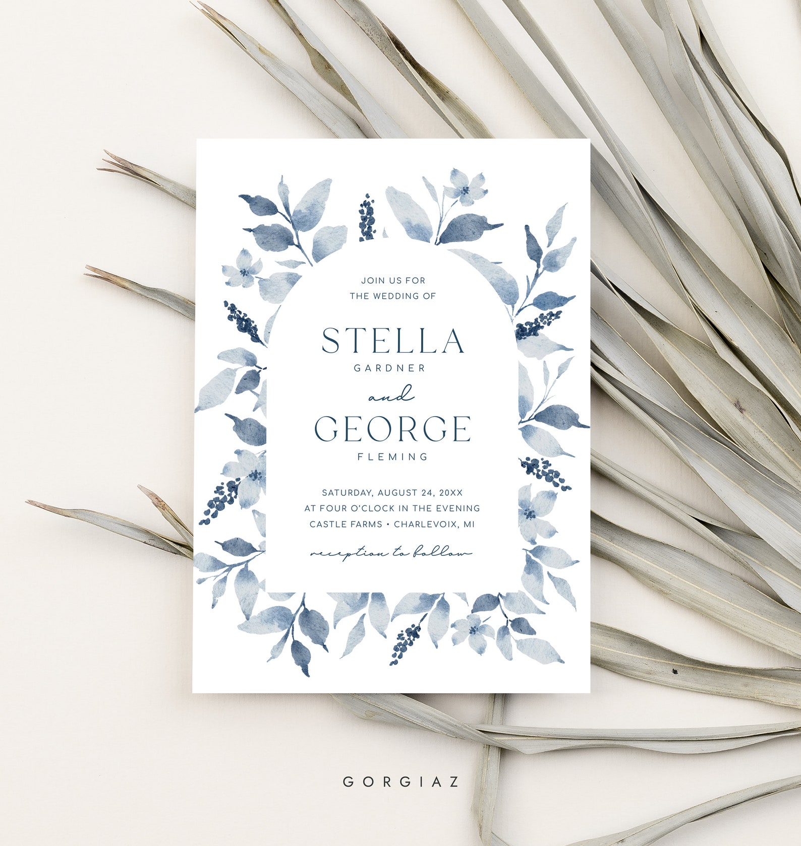 Dusty Blue Wedding Invitation Template, Rustic Floral Wedding ...