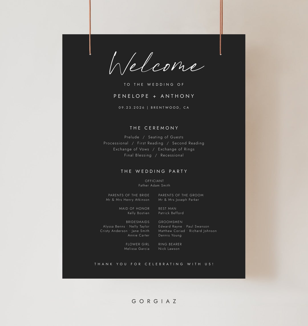 Minimalist Wedding Program Sign Templates, Modern Black Wedding Program ...