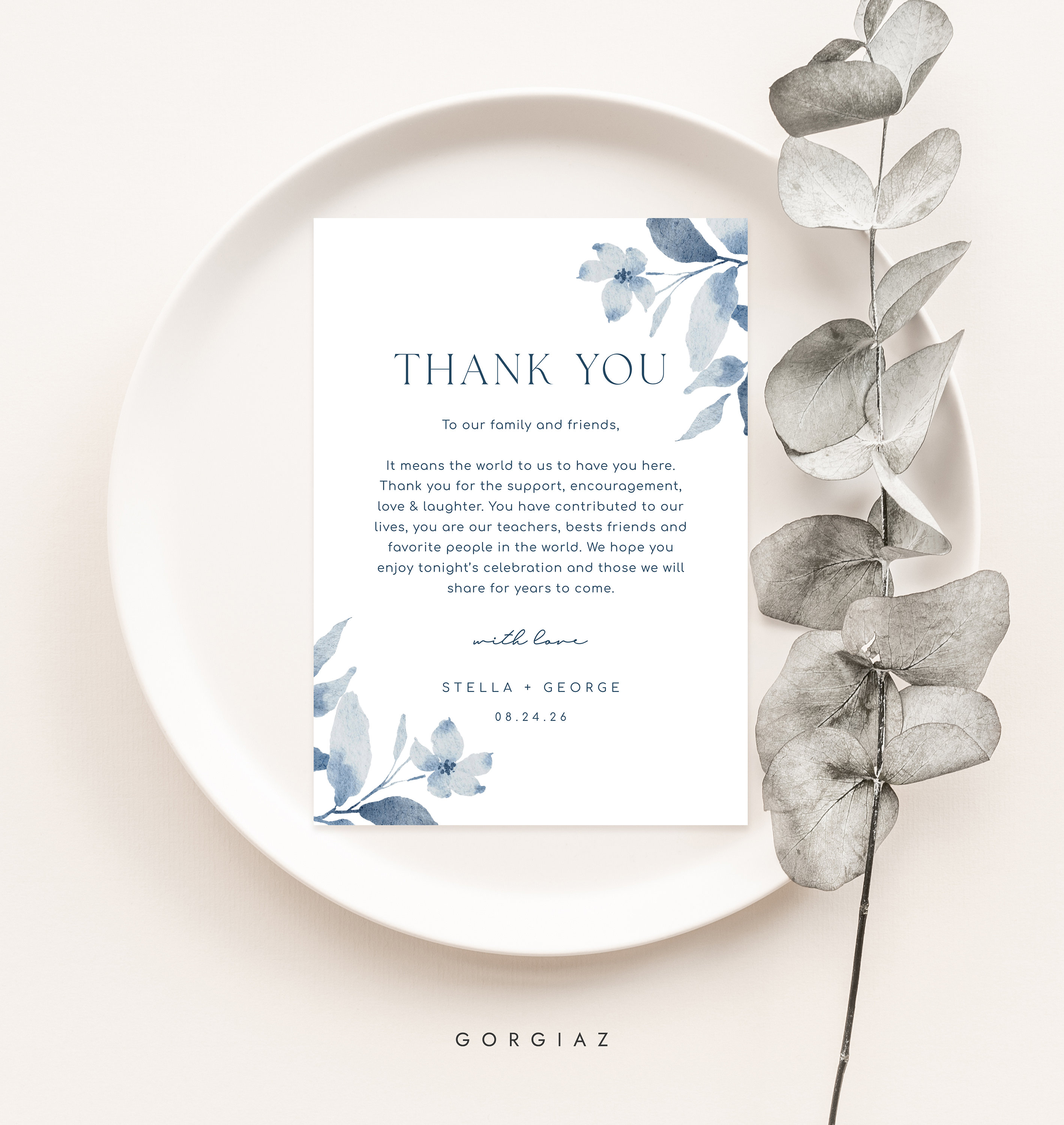 Wedding Table Thank You Card Templates Dusty Blue Place - Etsy