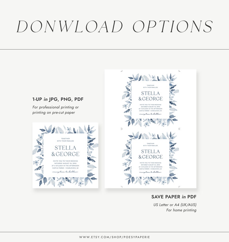 Dusty Blue Wedding Invitation Template Floral Wedding - Etsy