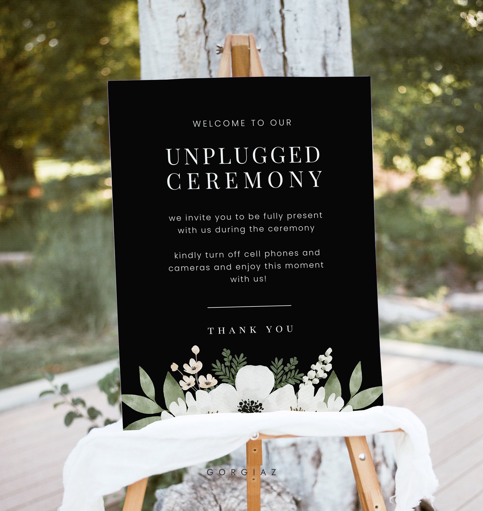 Unplugged Ceremony Sign Templates, Elegant Black Botanical Wedding ...