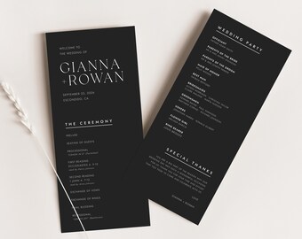 Modern Black Wedding Program Template, Minimalist Order of Service ...