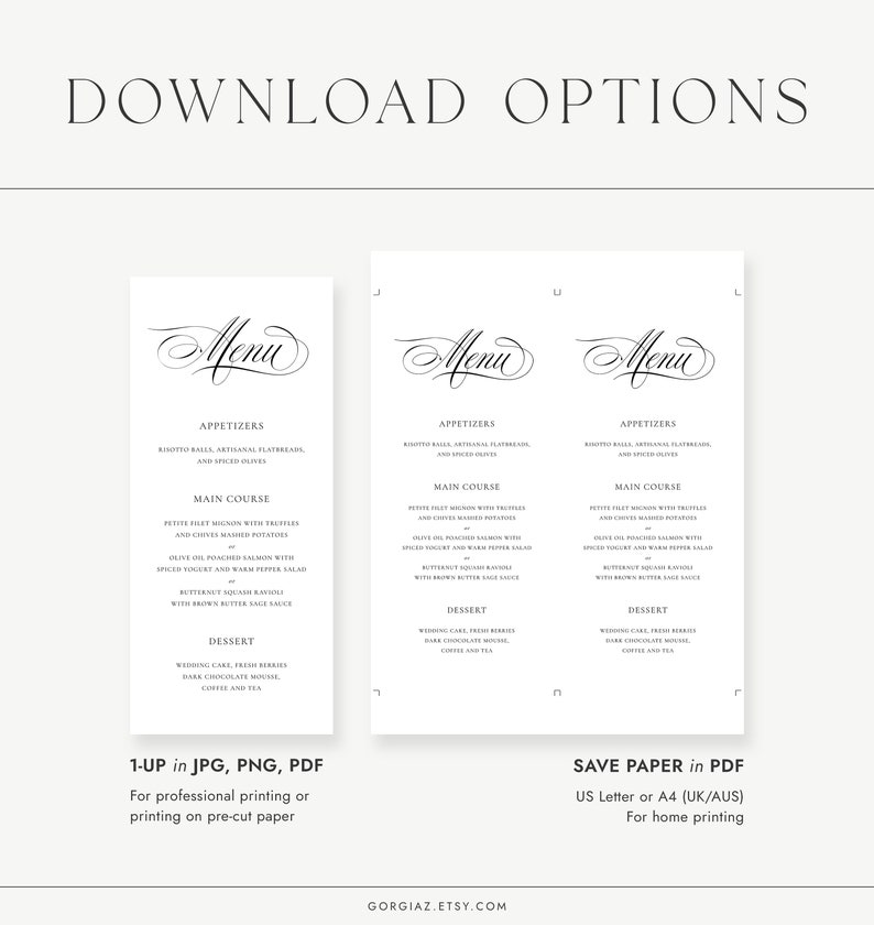 Elegant Wedding Menu Card Template, Classic Script Wedding Dinner Menu ...