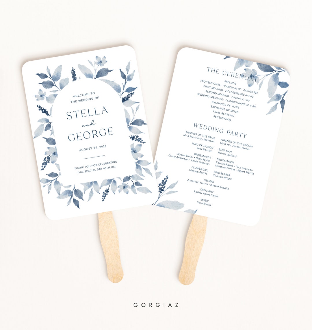 Dusty Blue Wedding Program Fan Template Download, Rustic Floral Wedding ...