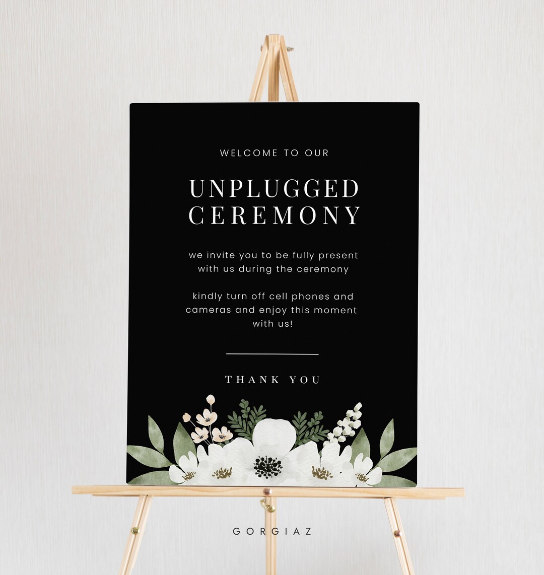 Unplugged Ceremony Sign Templates, Elegant Black Botanical Wedding ...