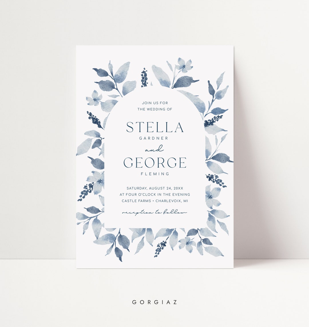 Dusty Blue Wedding Invitation Template, Rustic Floral Wedding ...