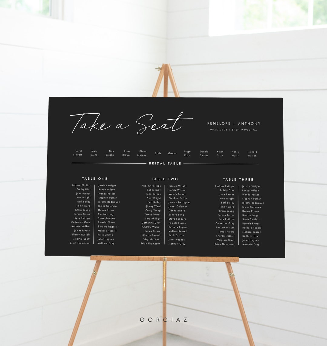 Minimalist Long Table Seating Chart Templates, Modern Black Banquet ...