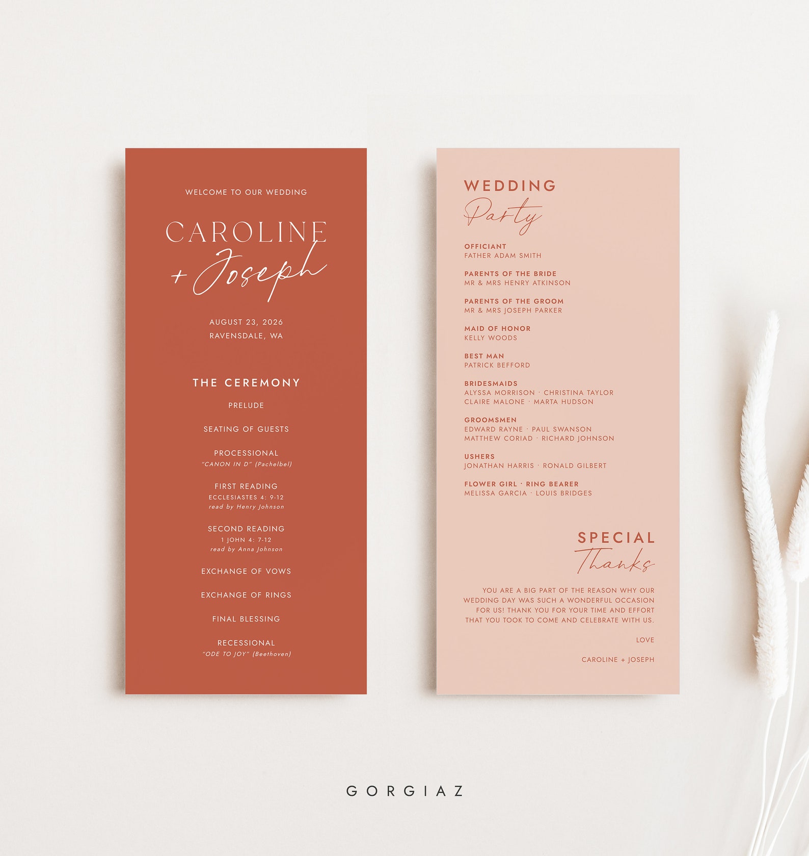 Terracotta Wedding Program Template, Modern Minimalist Wedding Ceremony ...