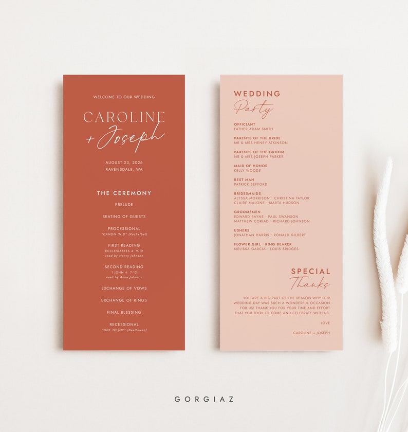 Terracotta Wedding Program Template, Modern Minimalist Wedding Ceremony Program Template ...
