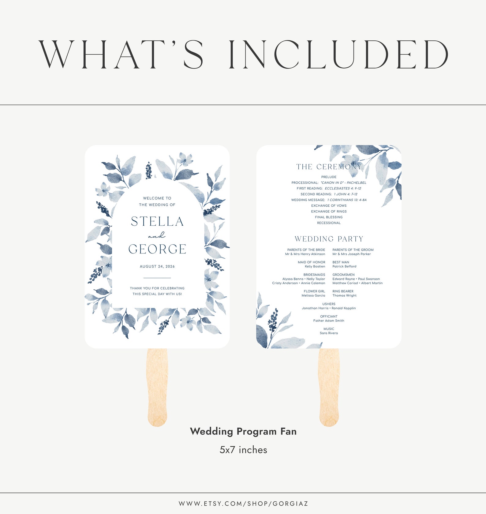 Dusty Blue Wedding Program Fan Template Download, Rustic Floral Wedding Ceremony Program Fan ...