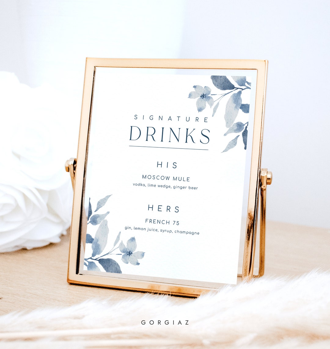 Dusty Blue Signature Drinks Sign Templates, Rustic Floral Wedding ...