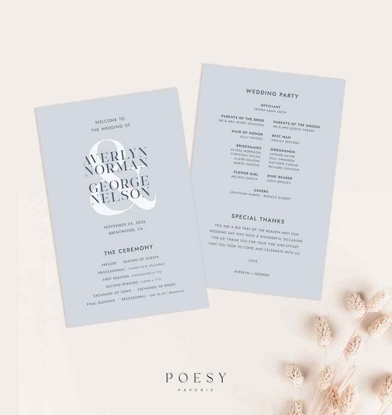 Dusty Blue Wedding Program Template Modern Minimalist Wedding - Etsy