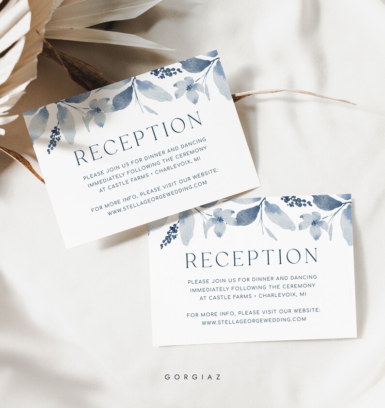 Dusty Blue Wedding Reception Card Templates Rustic Floral - Etsy