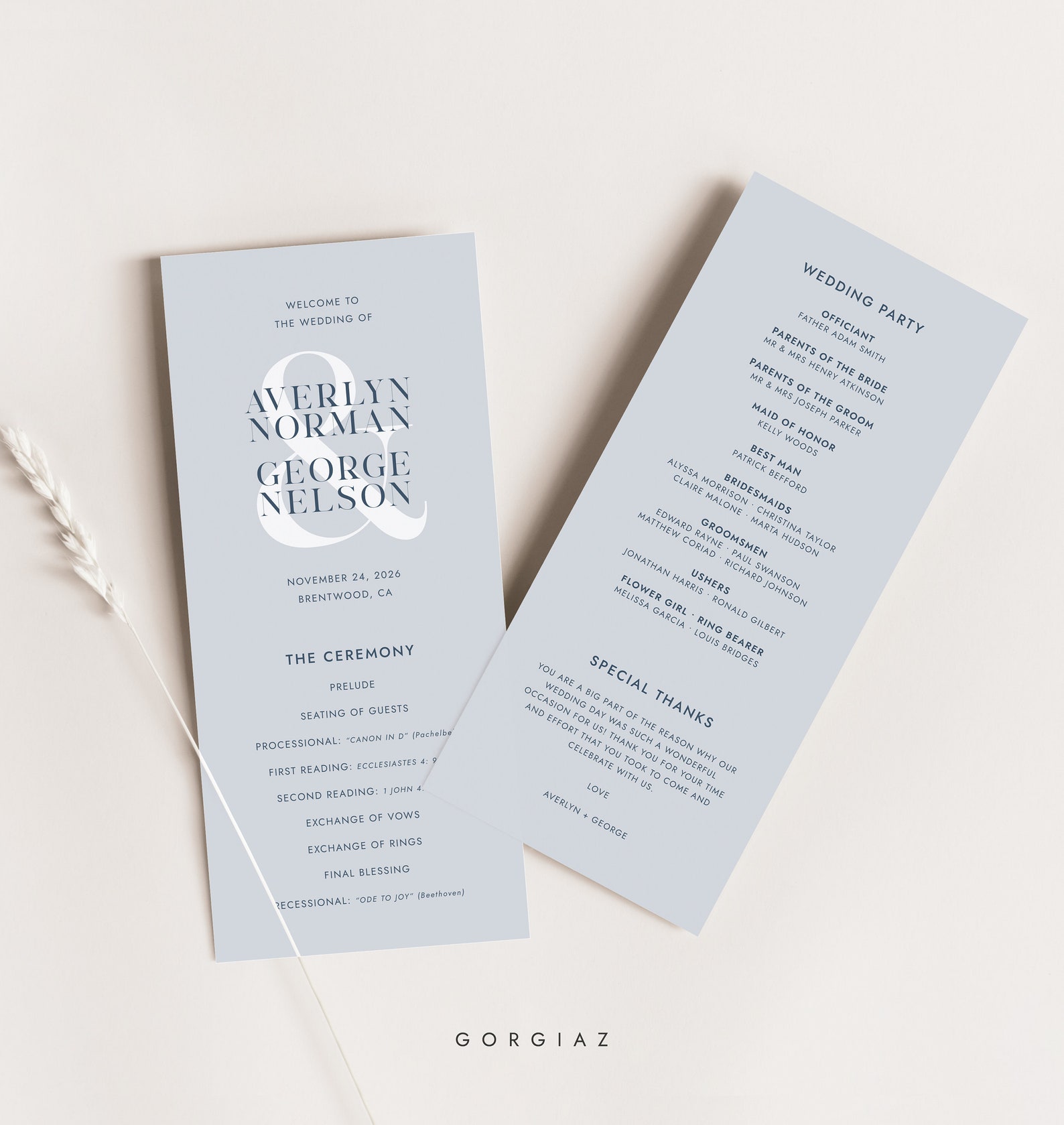 Dusty Blue Wedding Program Template, Modern Minimalist Wedding Ceremony ...