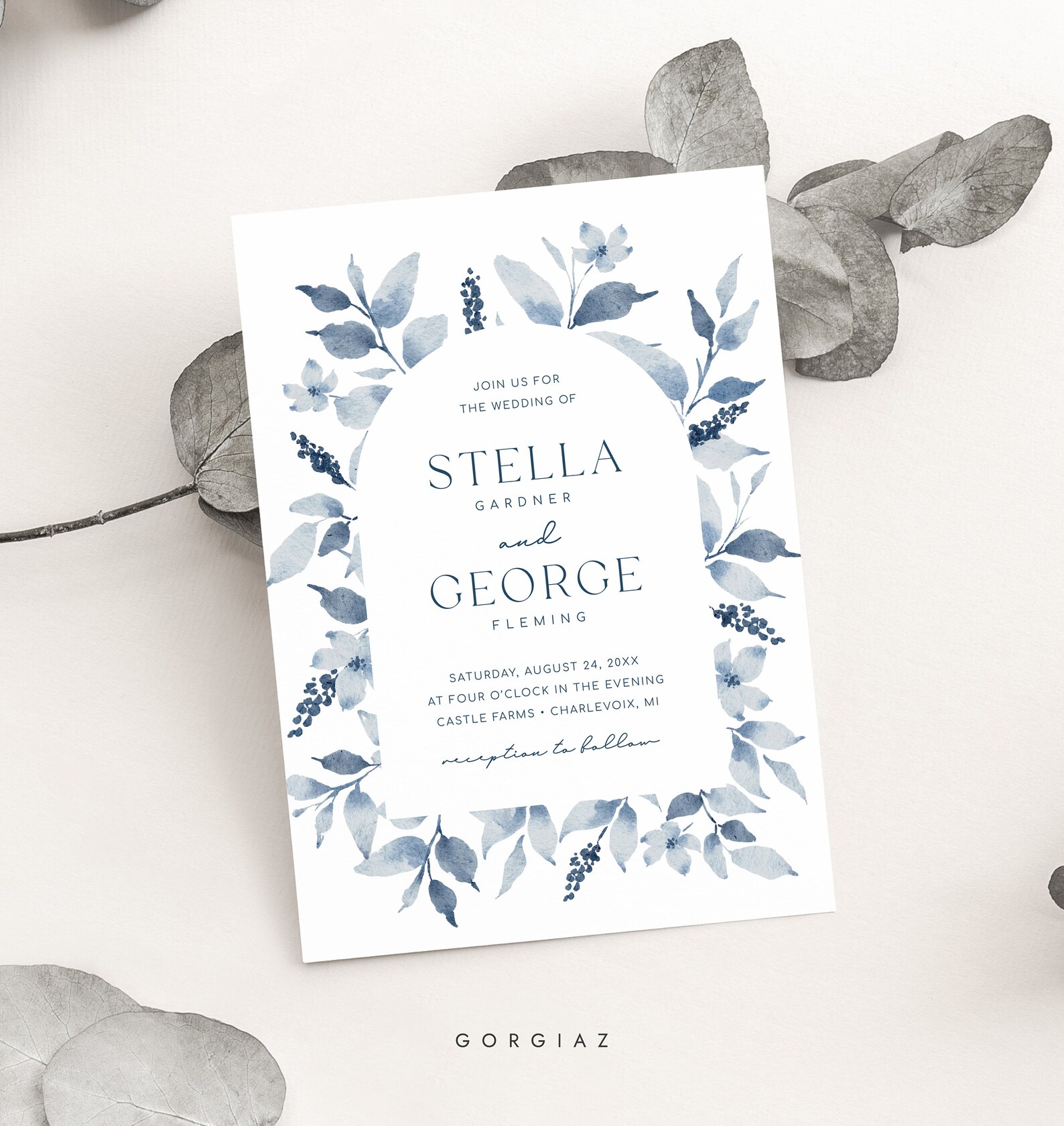 Dusty Blue Wedding Invitation Template, Rustic Floral Wedding ...