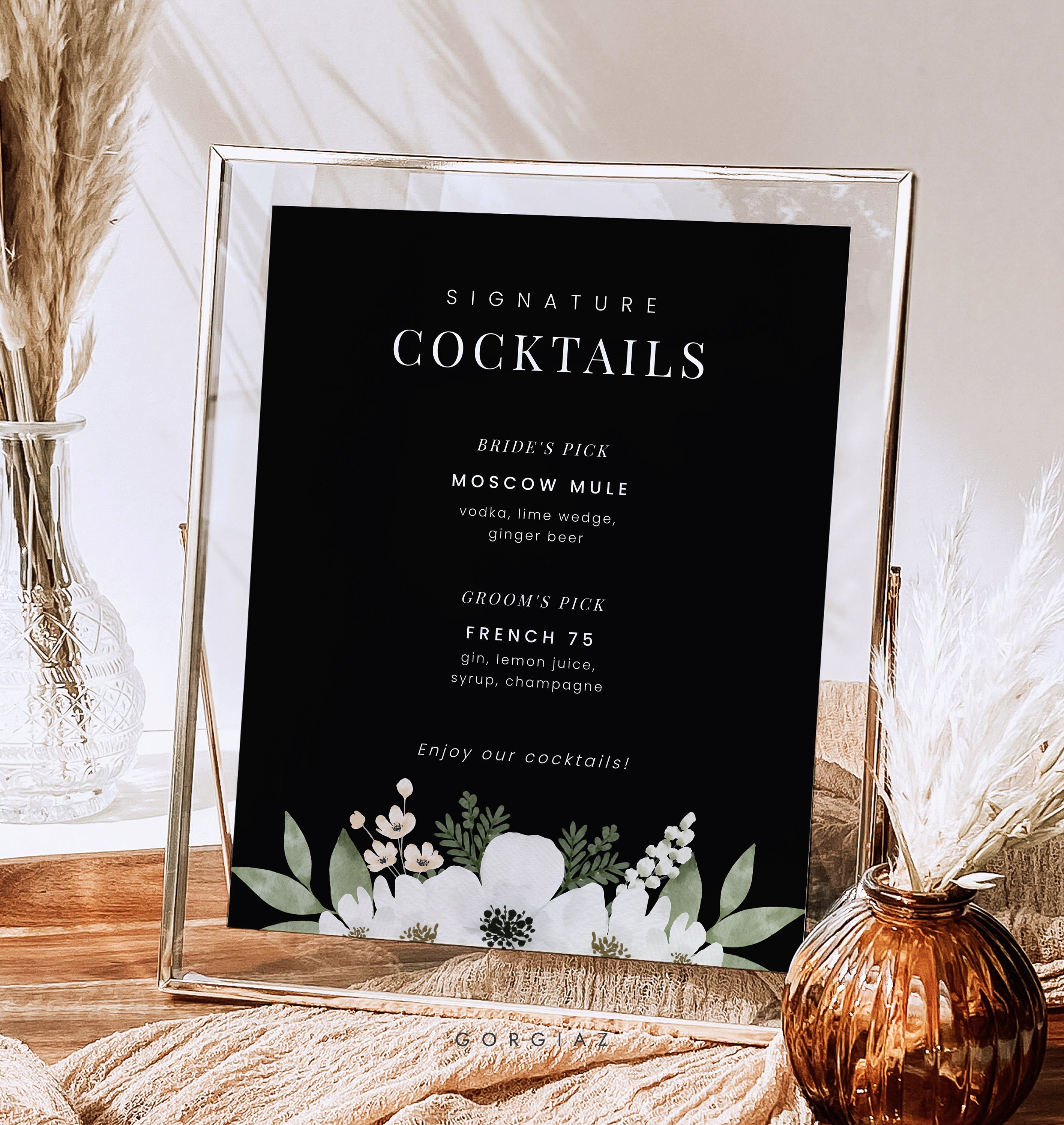 Signature Cocktails Sign Template, Elegant Black Botanical Wedding ...