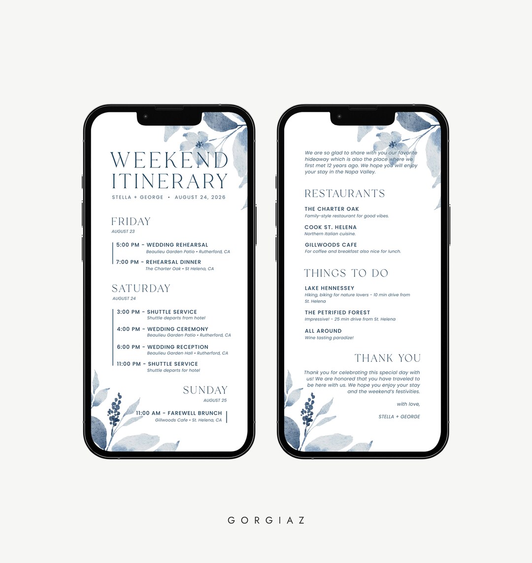 Smartphone Weekend Itinerary Template, Dusty Blue Digital Wedding ...