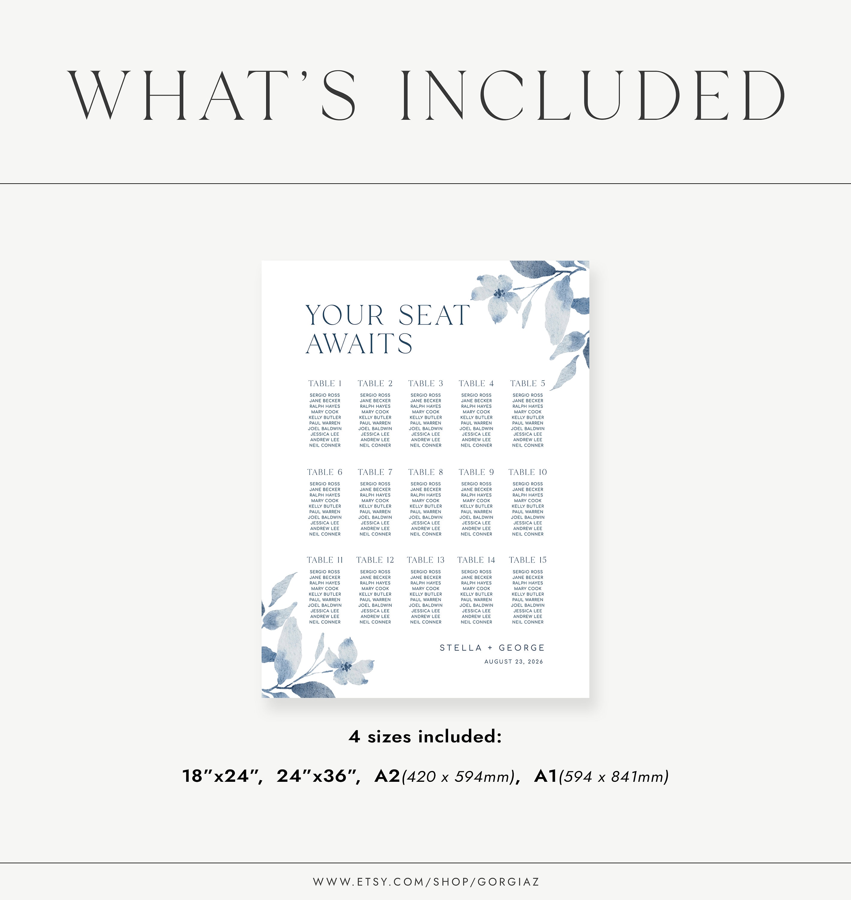 Dusty Blue Wedding Seating Chart Templates, Rustic Floral Wedding ...