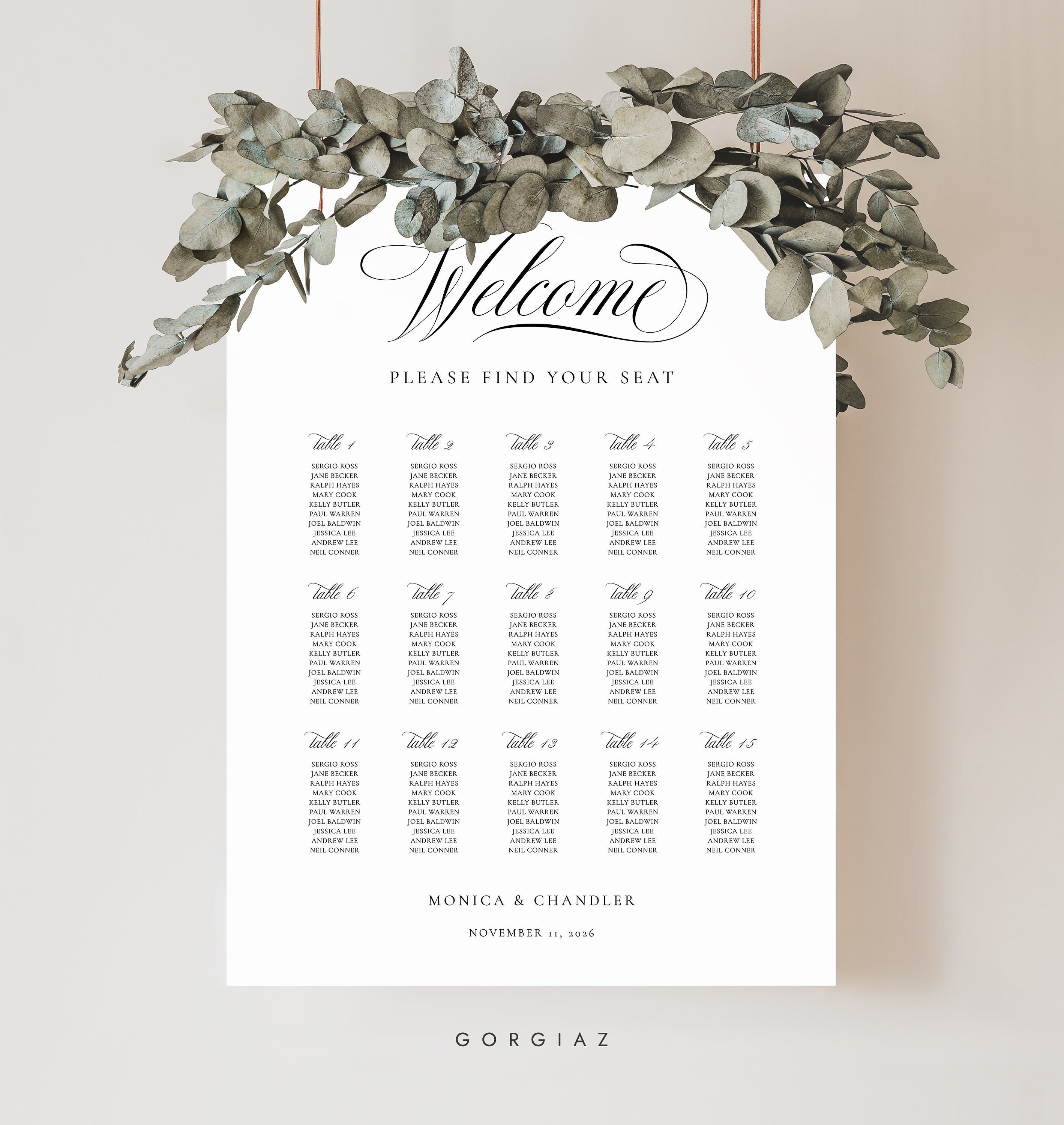 Elegant Wedding Seating Chart Sign Template, Classic Calligraphy ...