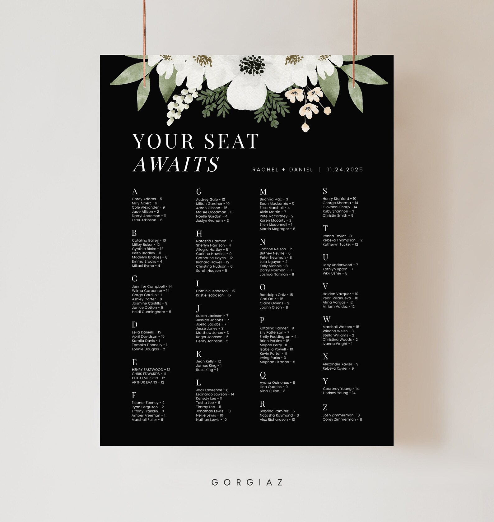 Alphabetical Seating Chart Templates, Elegant Black Botanical Wedding ...