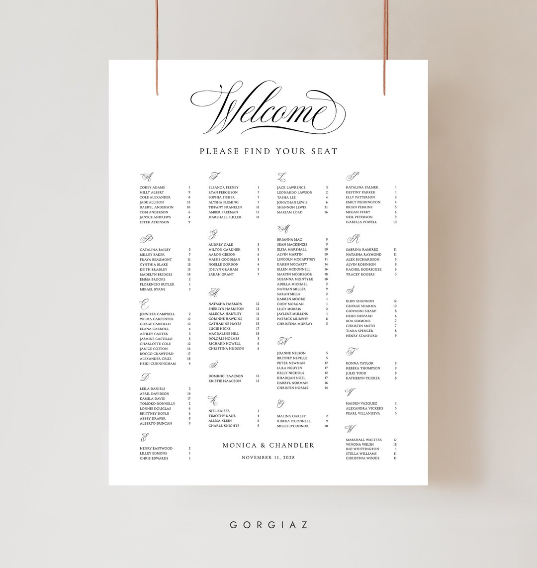 Alphabetical Wedding Seating Chart Template, Classic Seating Chart ...