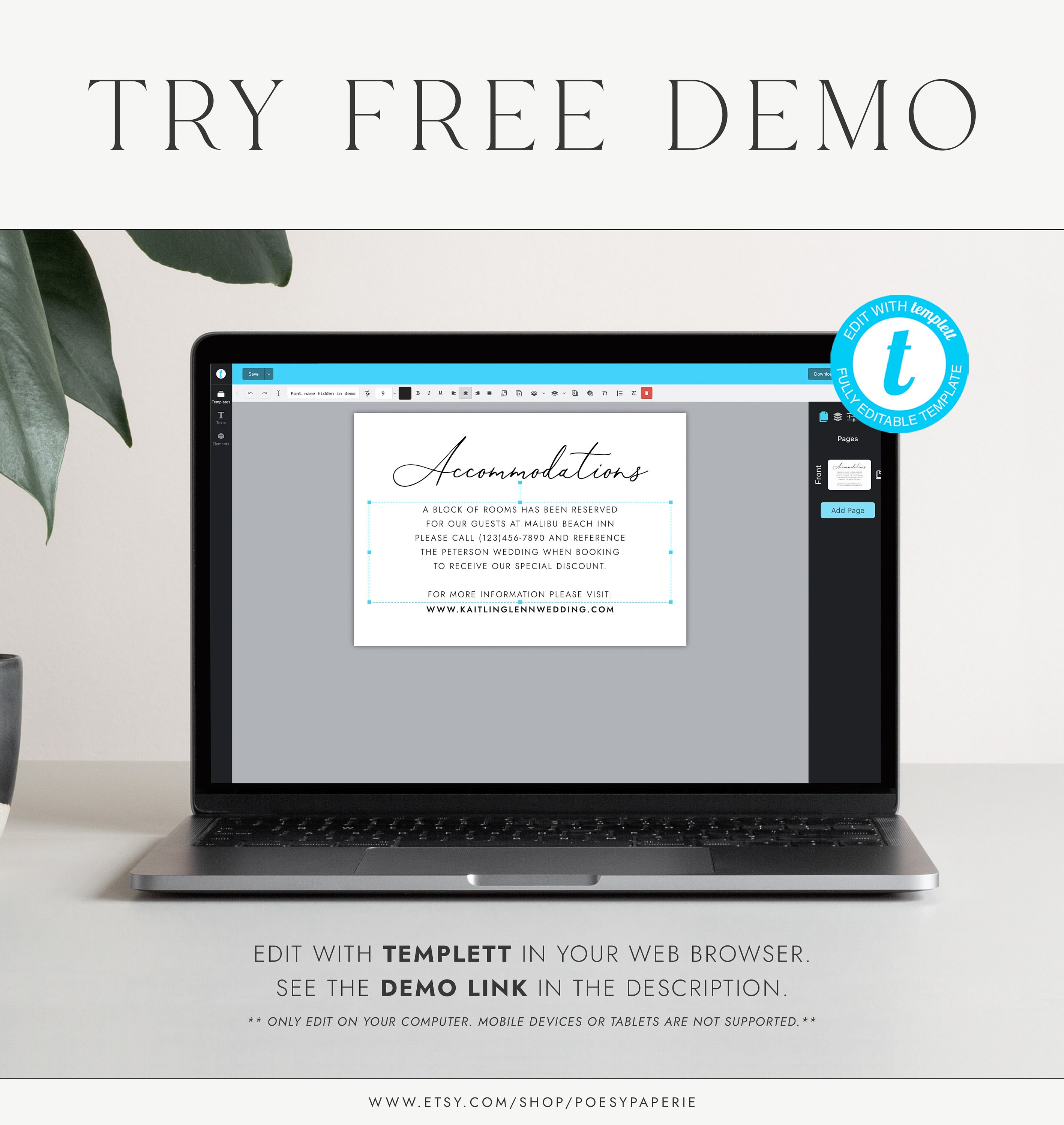 Wedding Accommodations Card Template, Simple Elegant Wedding Hotel ...