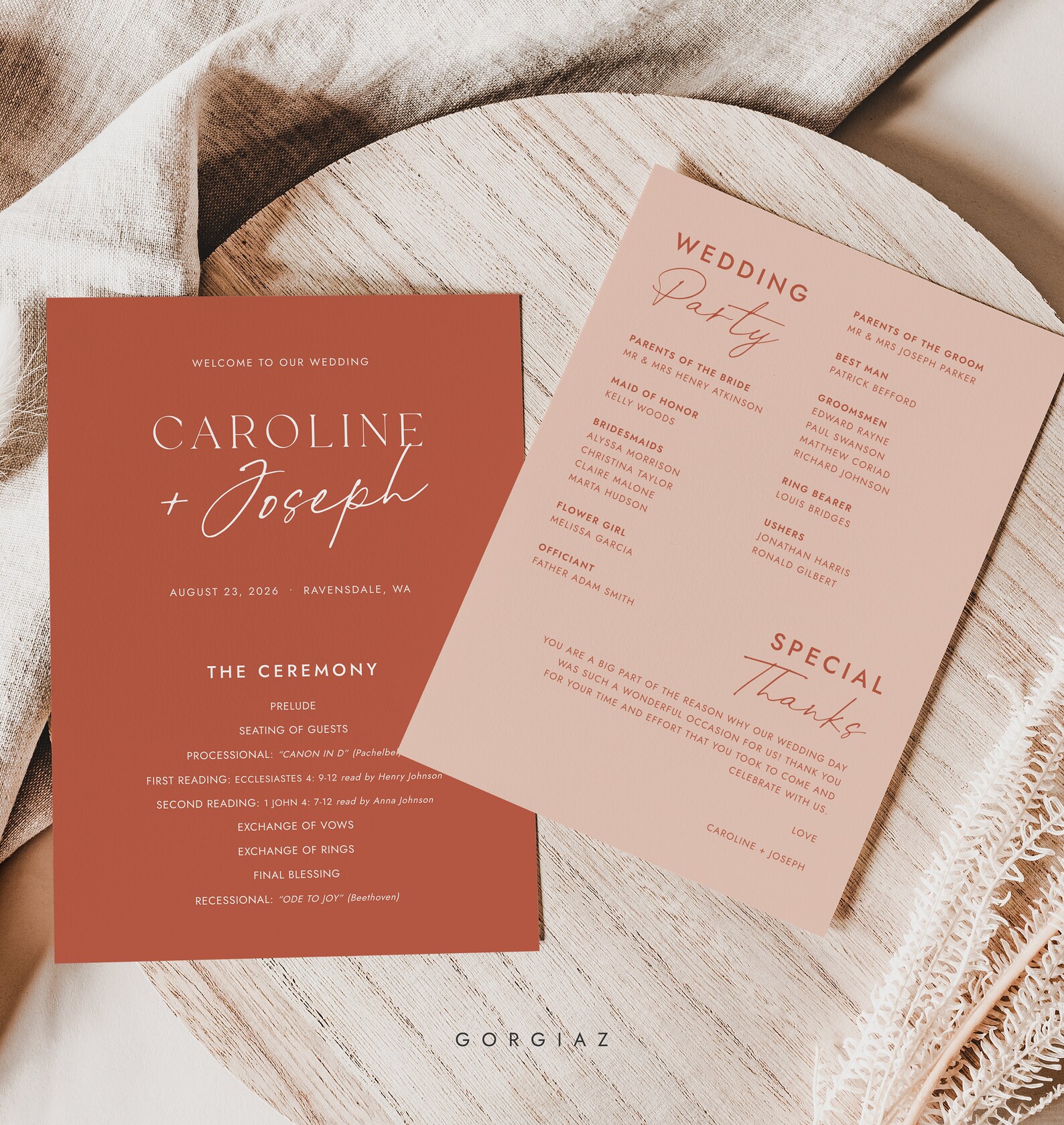Terracotta Wedding Program Template, Modern Minimalist Wedding Ceremony ...