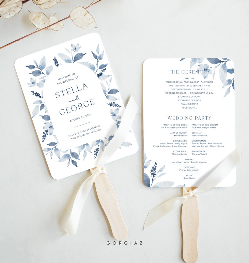 Dusty Blue Wedding Program Fan Template Download, Rustic Floral Wedding ...