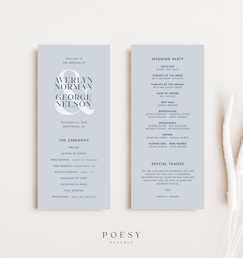 Dusty Blue Wedding Program Template Modern Minimalist Wedding - Etsy
