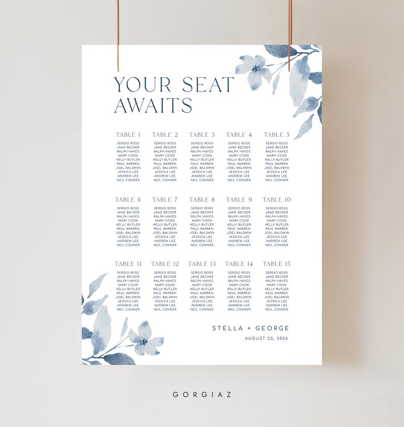 Dusty Blue Wedding Seating Chart Templates Rustic Floral - Etsy