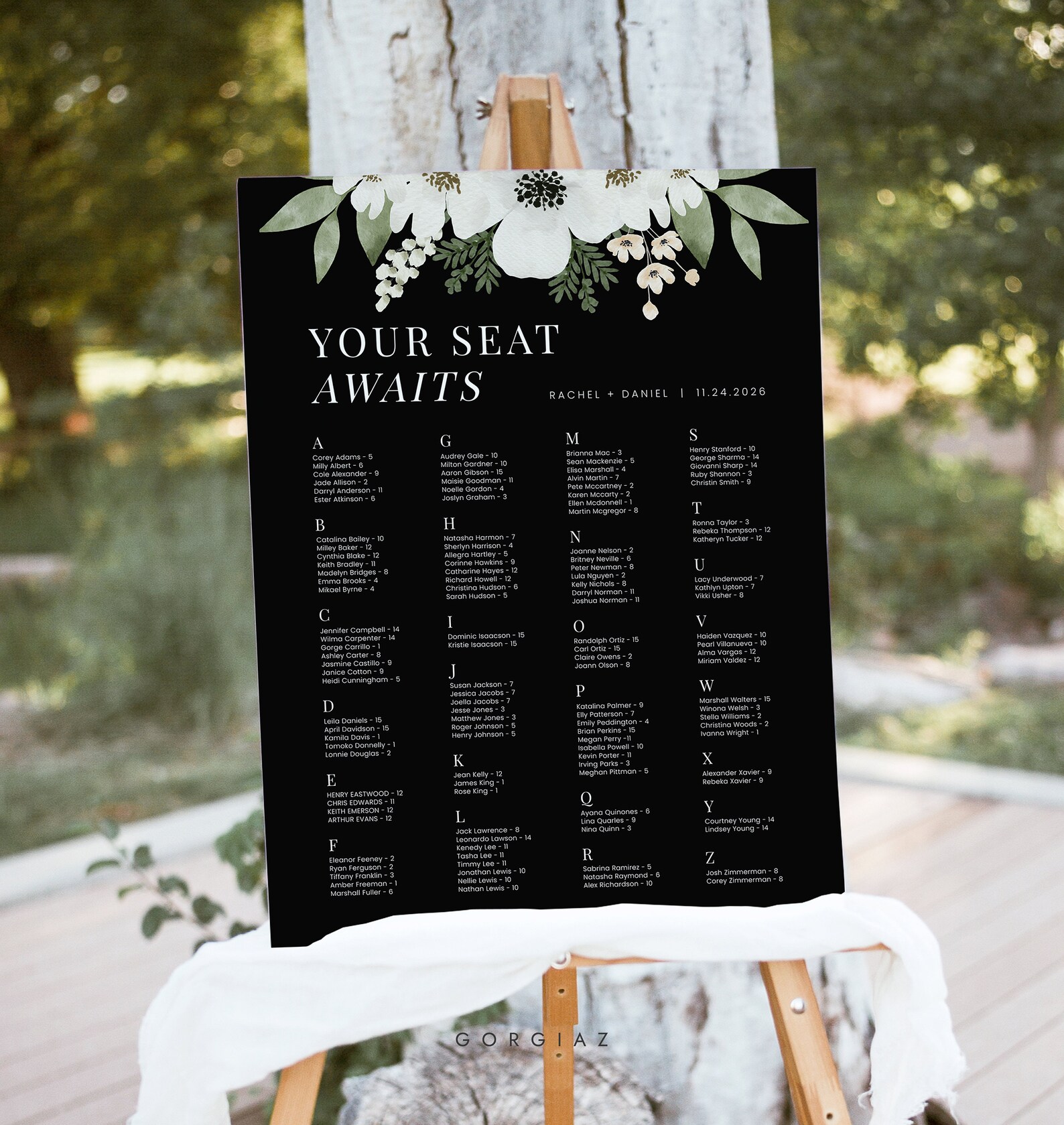 Alphabetical Seating Chart Templates, Elegant Black Botanical Wedding ...