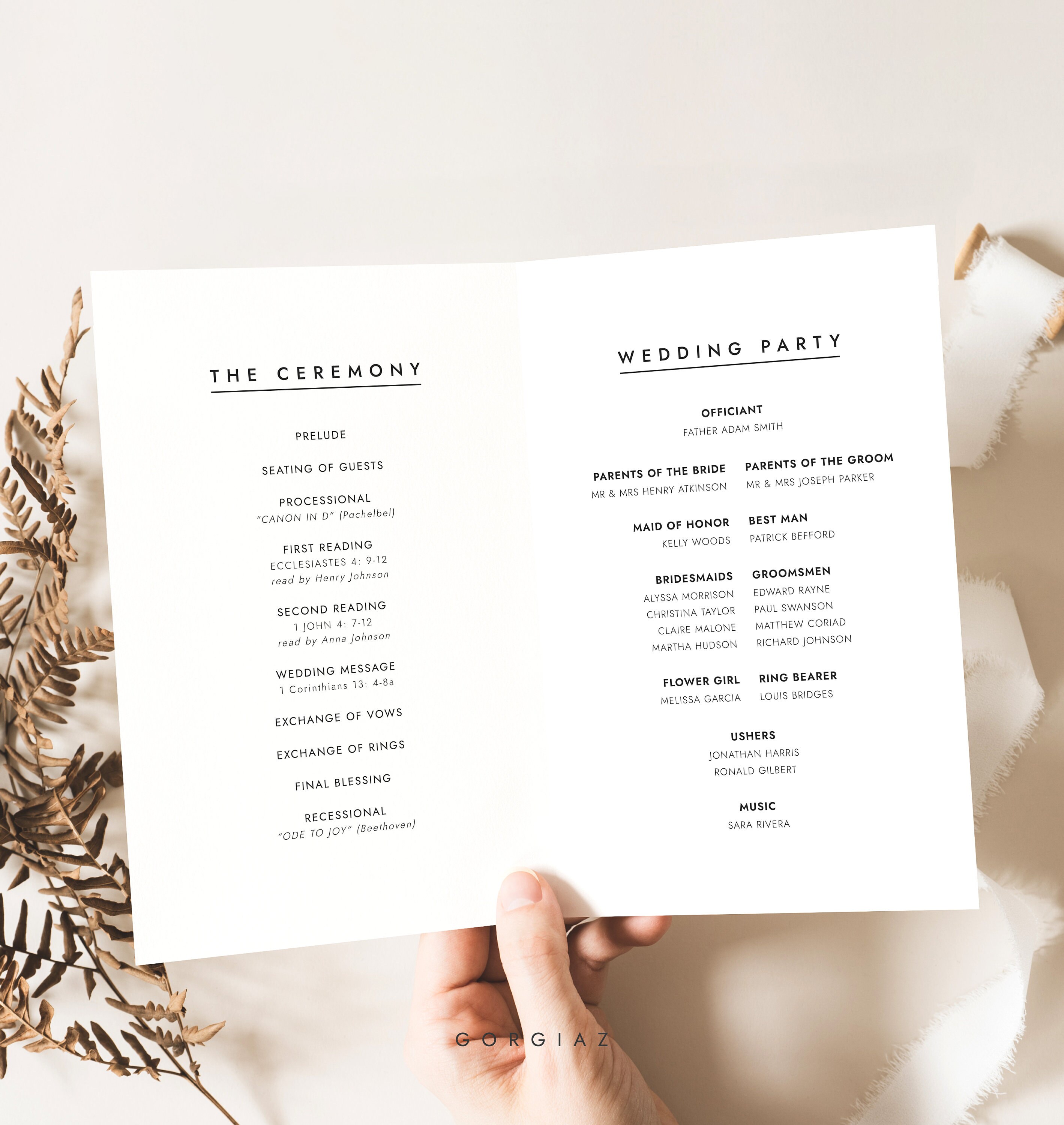Wedding Program Booklet Template, Modern Minimalist Black Wedding ...