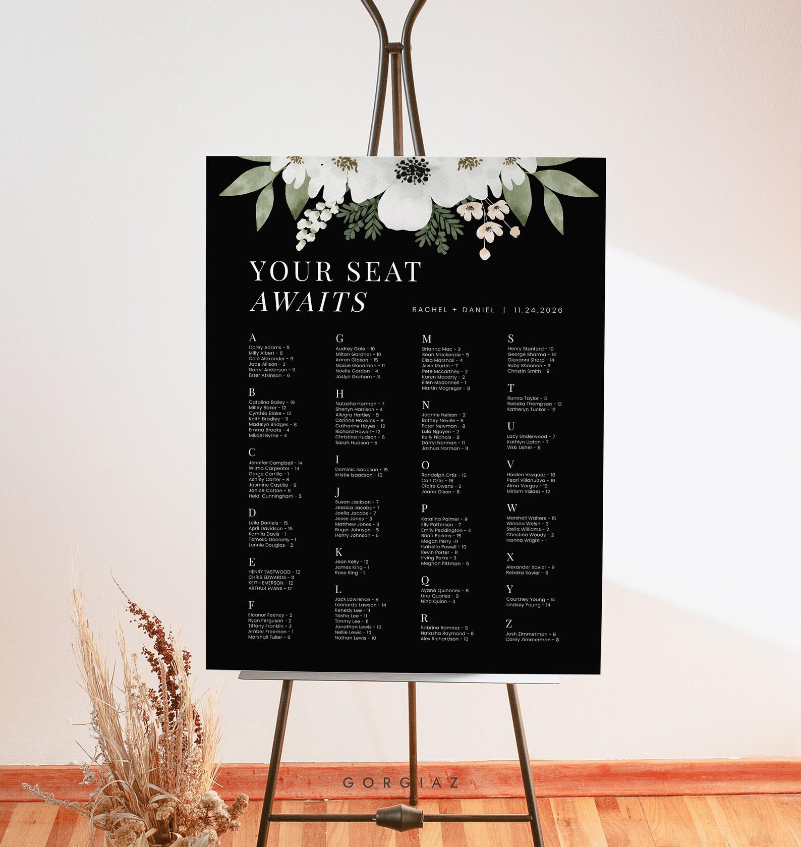 Alphabetical Seating Chart Templates, Elegant Black Botanical Wedding ...