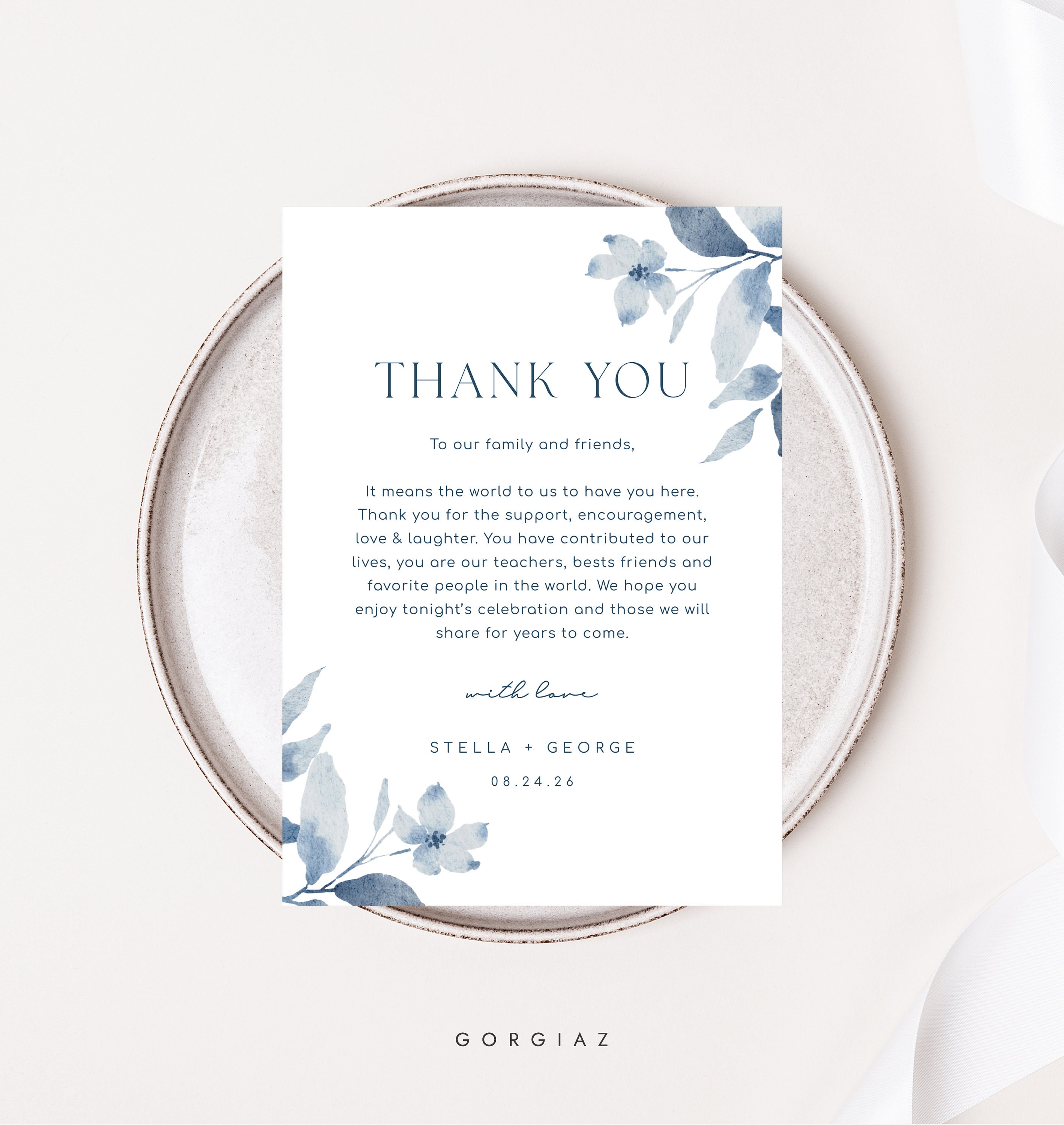 Wedding Table Thank You Card Templates Dusty Blue Place - Etsy