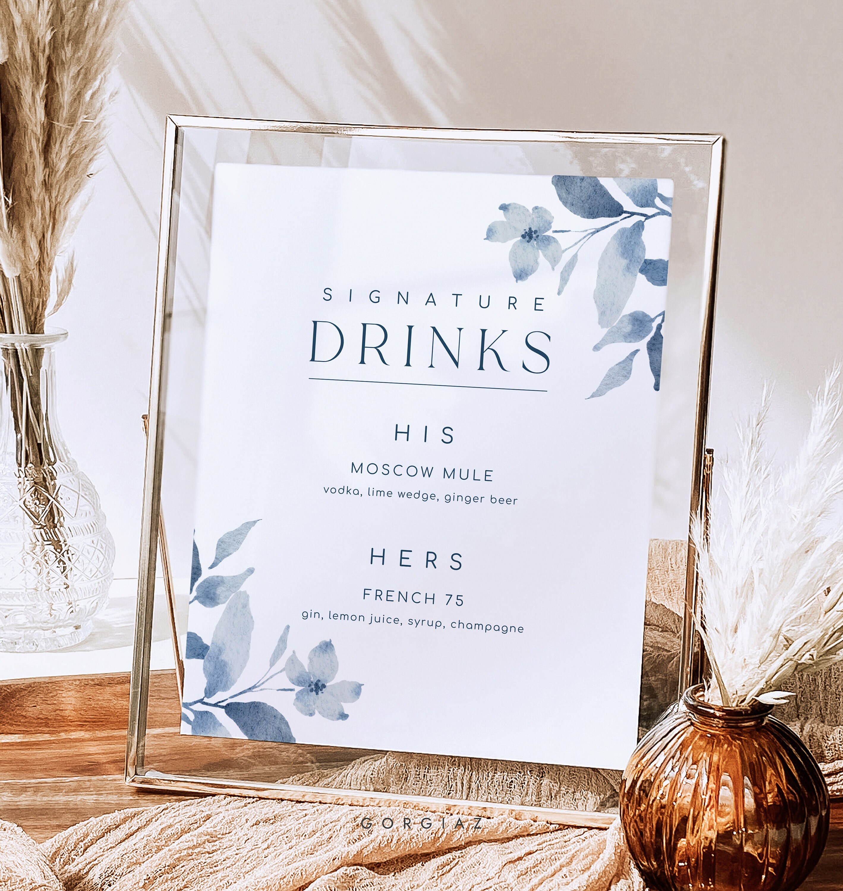 Dusty Blue Signature Drinks Sign Templates, Rustic Floral Wedding ...