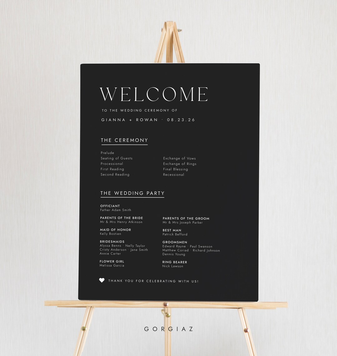 Modern Wedding Program Sign Template, Minimalist Black Wedding Program ...