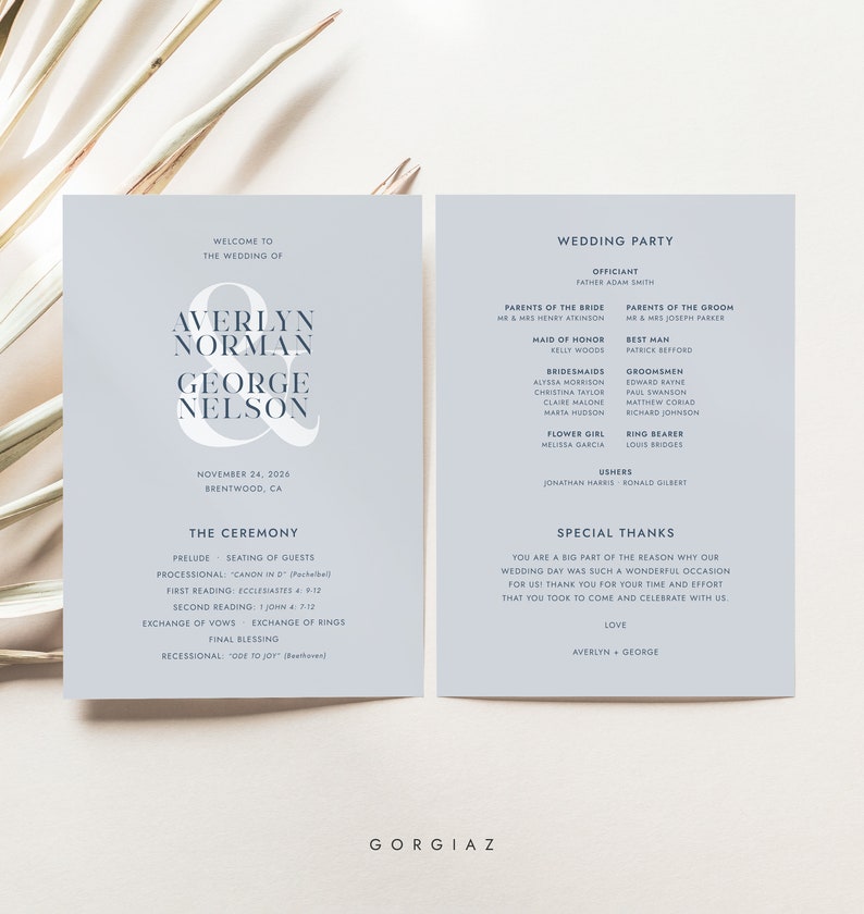 Dusty Blue Wedding Program Template, Modern Minimalist Wedding Ceremony ...