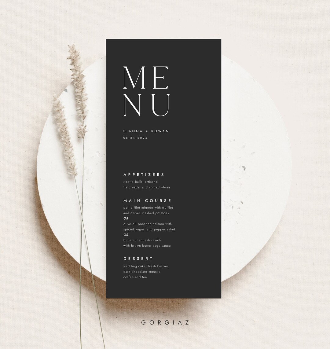 Modern Minimalist Wedding Menu Templates, Printable Black Wedding Menu ...