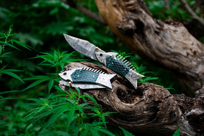 Handmade Damascus Steel Pocket Knife, Fishing Folding Knife, Camping ...