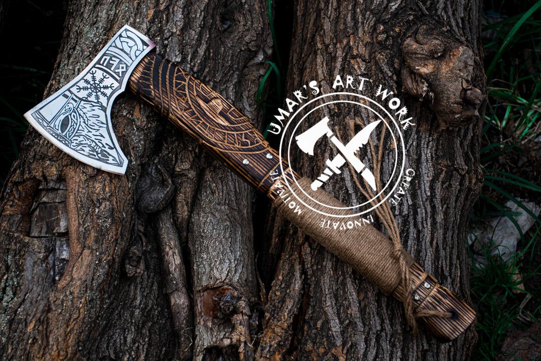 Hand Forged Viking Axe: Engraved Wood Handle, Carbon Steel Blade - Etsy