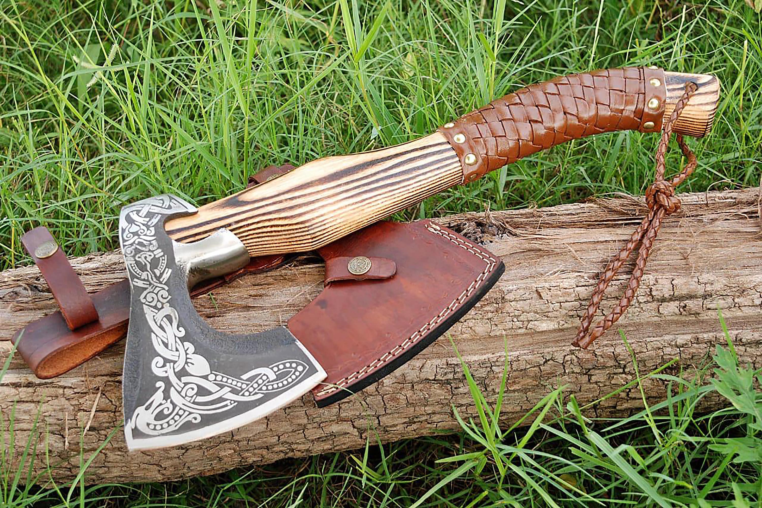 Hand Forged Viking Bearded Axe: High Carbon Steel, Leather-wrapped Ash ...