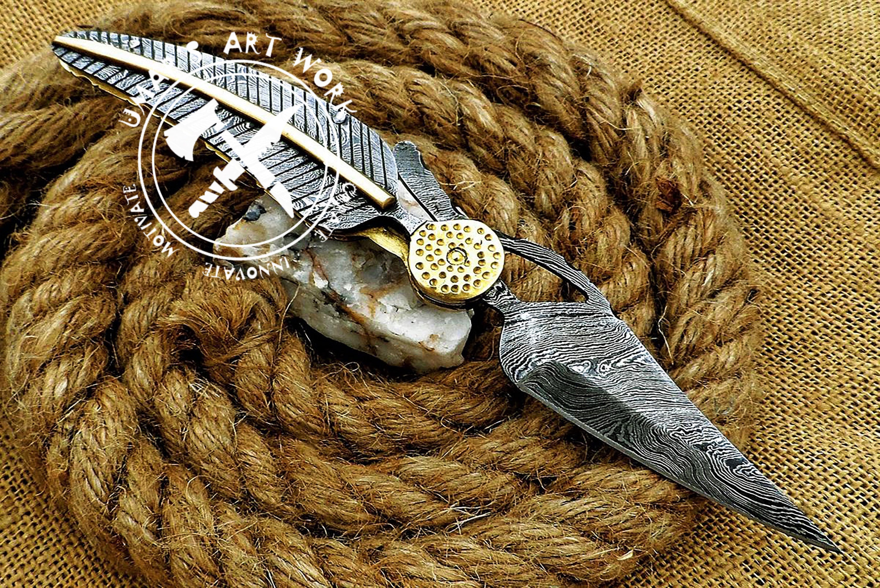 Damascus Leaf Pocket Knife: Handmade Folding Knife With Leather Sheath ...