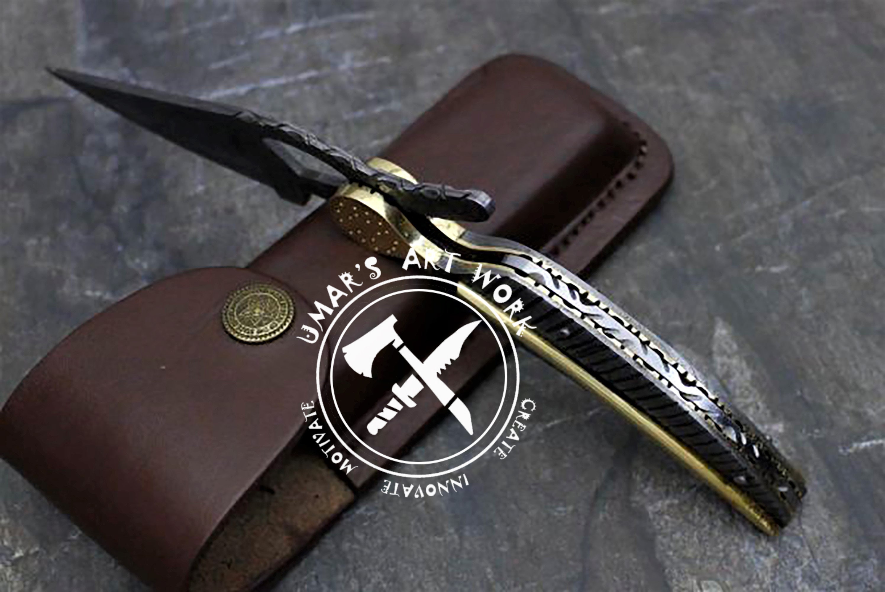 Damascus Leaf Pocket Knife: Handmade Folding Knife With Leather Sheath ...