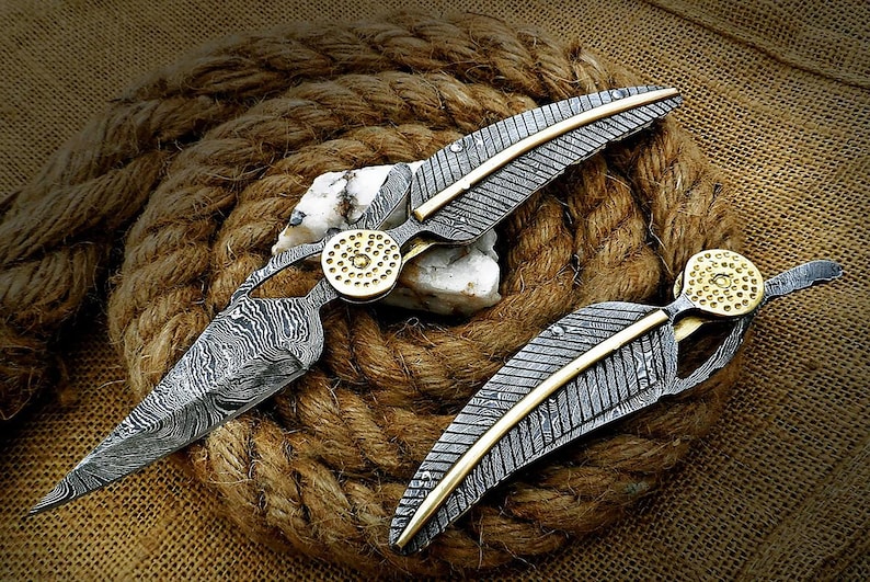 Damascus Leaf Pocket Knife: Handmade Folding Knife With Leather Sheath ...