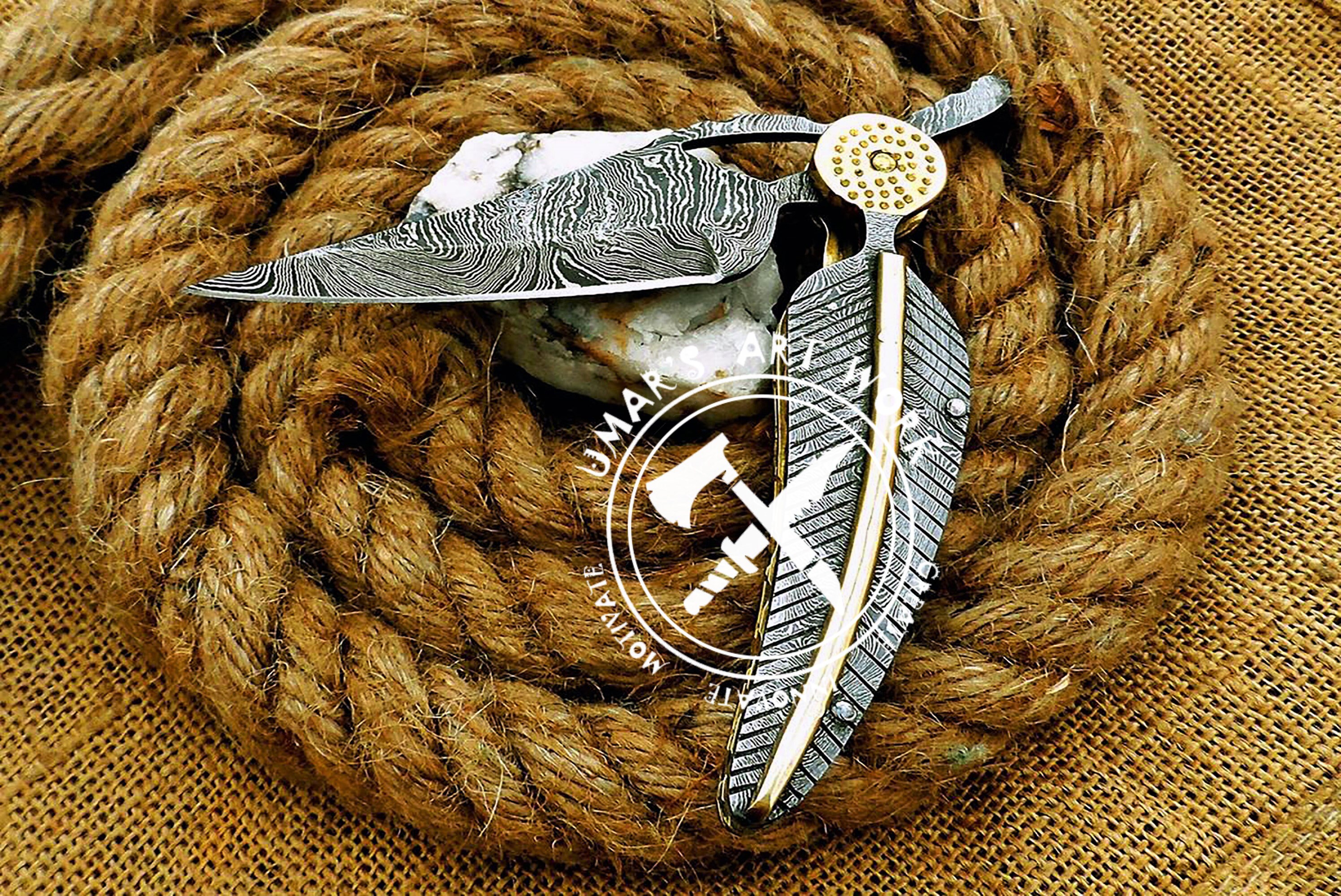 Damascus Leaf Pocket Knife: Handmade Folding Knife With Leather Sheath ...