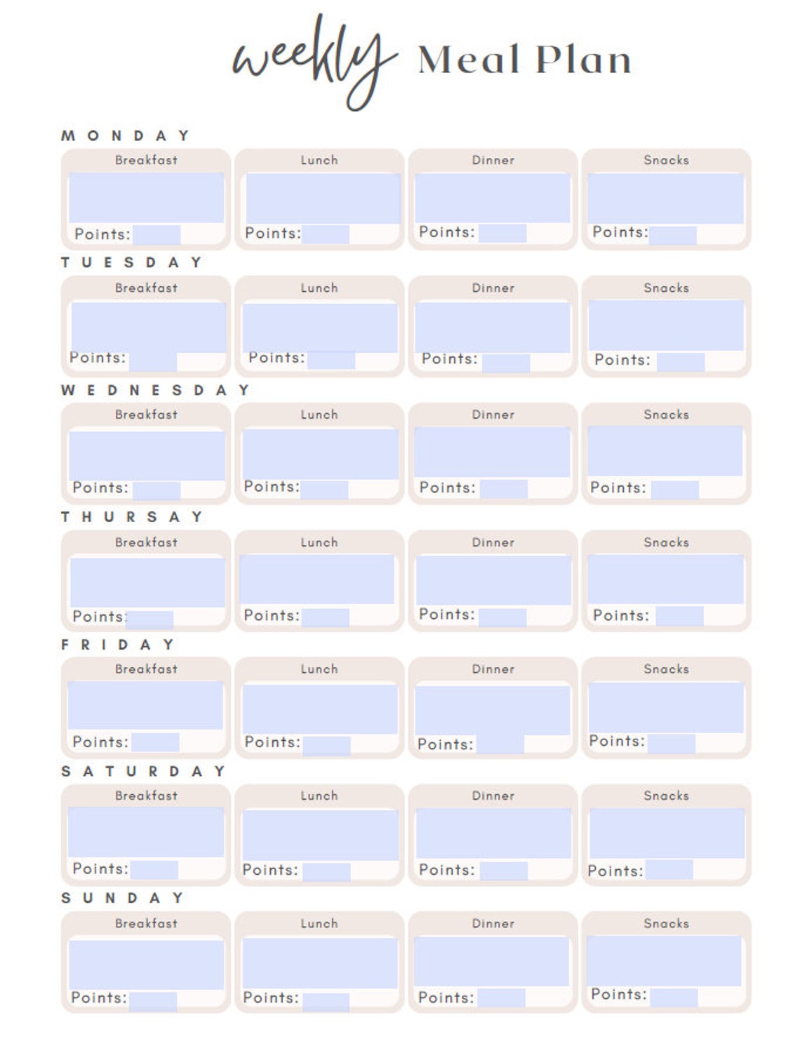 Fillable Weekly Meal Planner, Digital Meal Planner, Digital Weekly Meal ...