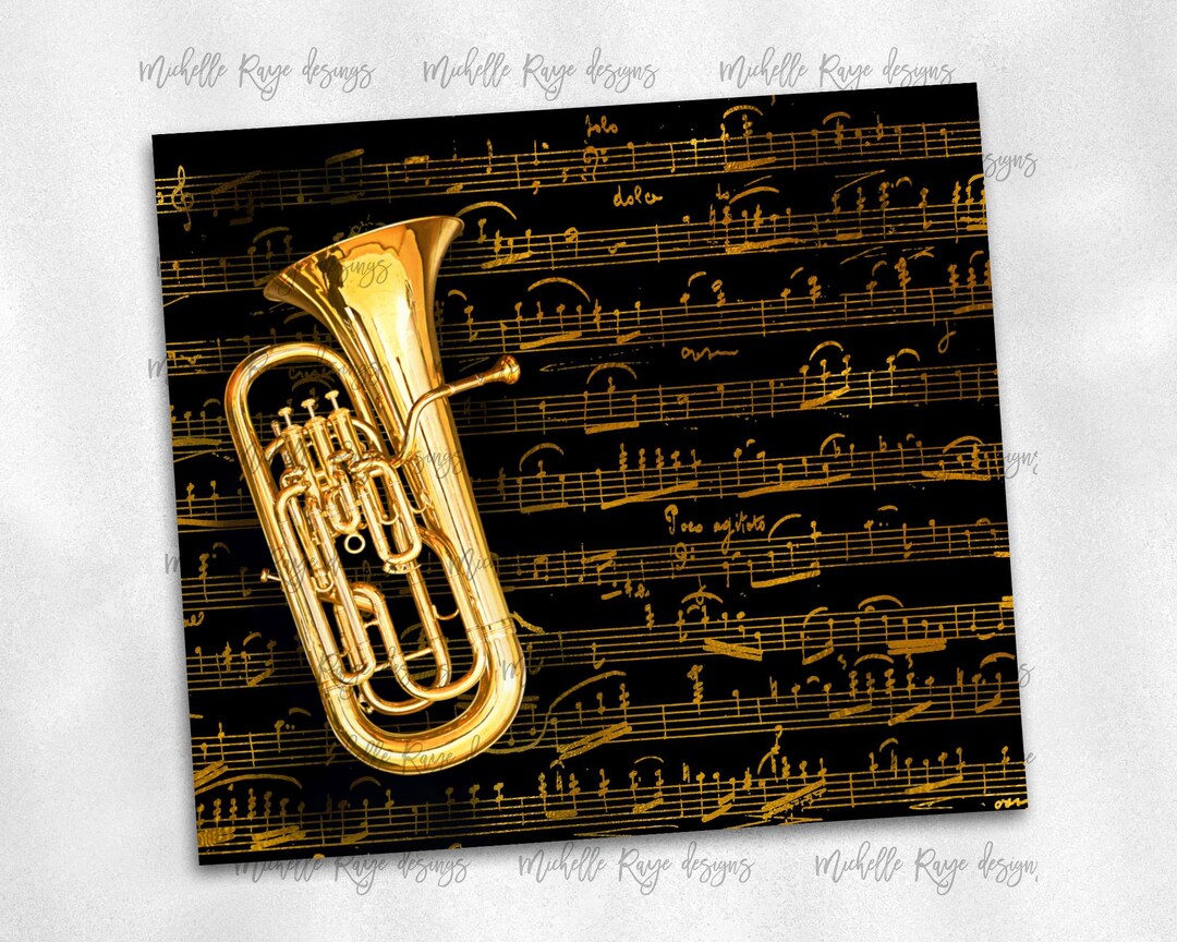 Tuba Musical Tumbler PNG Wrap, Black Gold Foil Music Notes, Sublimation ...