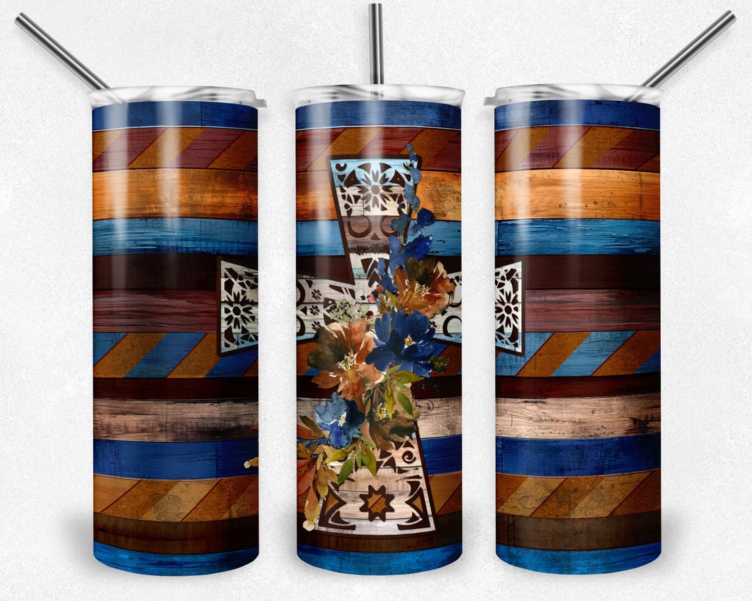 Religious Cross Sublimation Tumbler PNG on Colored Wood Grain ...